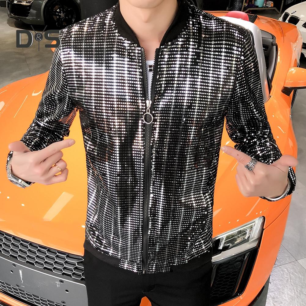 Buy Shiny Sequins Long Sleeve Zip Pocket Nightclub Singer Jacket Slim ...