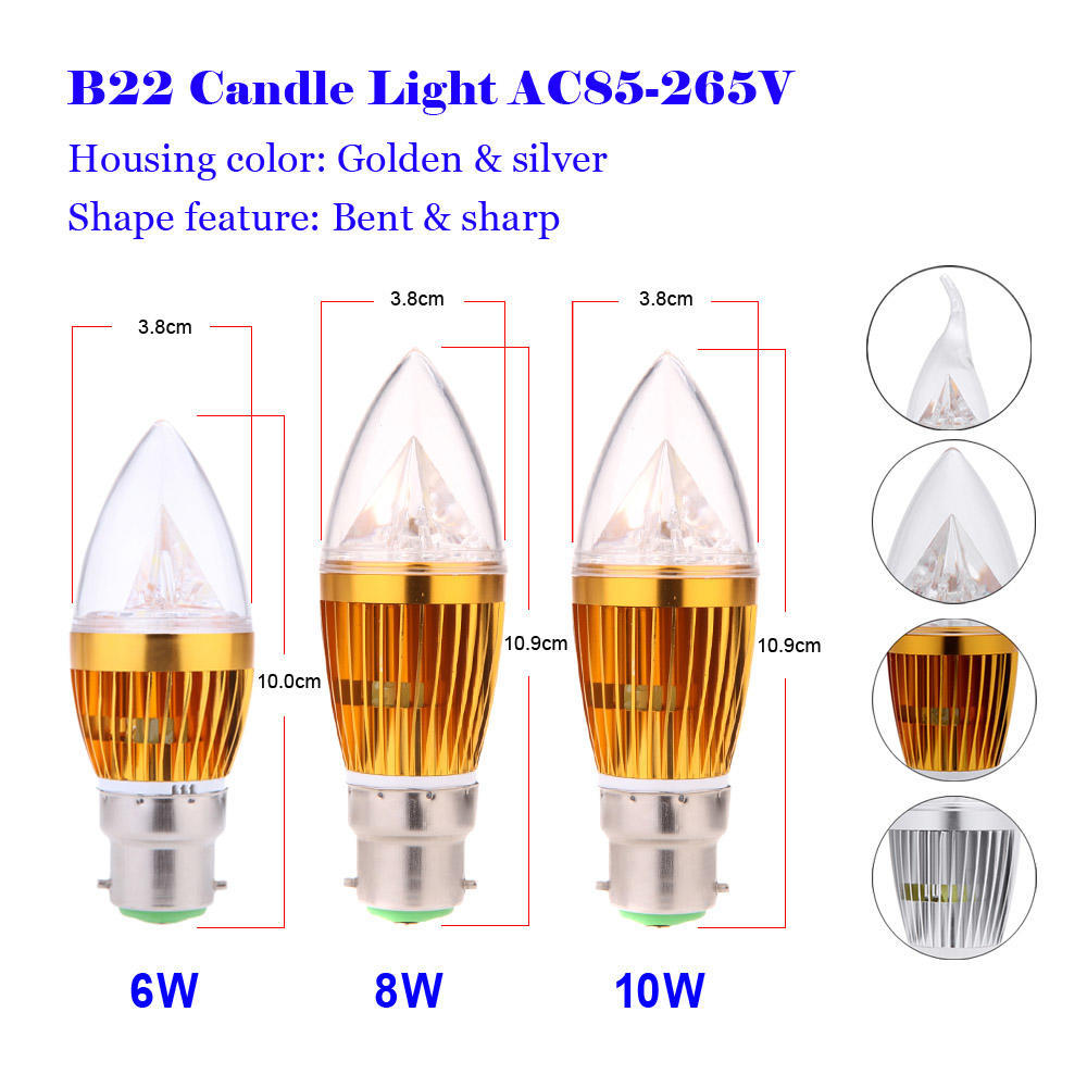 B22 10w Led Candle Light Bulb Chandelier Lamp Spotlight High Power Ac85 ...