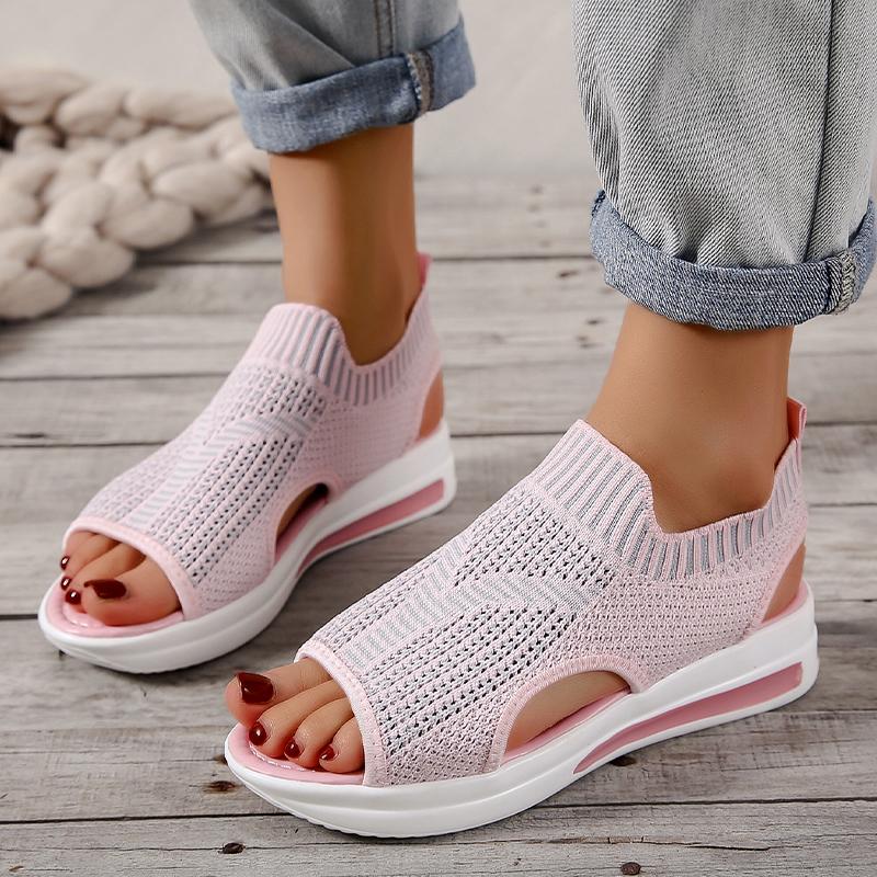 Buy Summer Knitting Sports Sandals Women 2022 Mix Color Med Heel Non ...