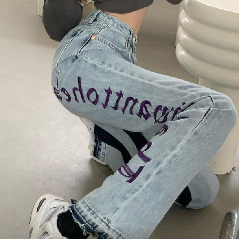 Cheap Vintage Loose Letter Embroidered Straight Leg Jeans Women's High ...