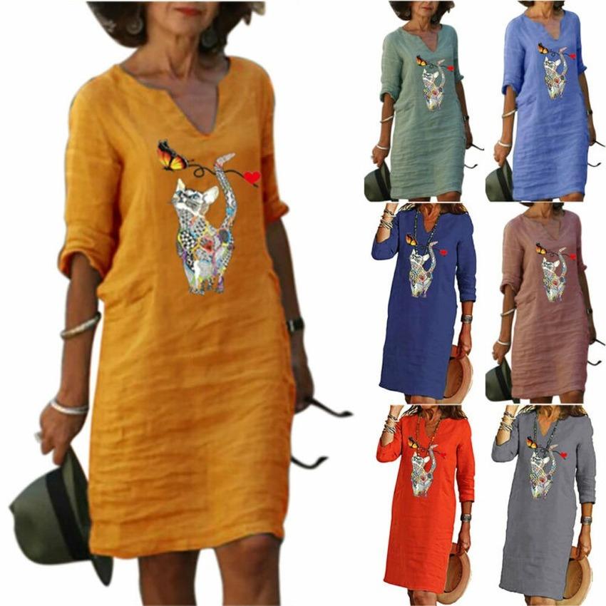 Buy Womens Cat&Butterfly Printed Tunic 3/4 Sleeve V-Neck T-shirt Dress ...