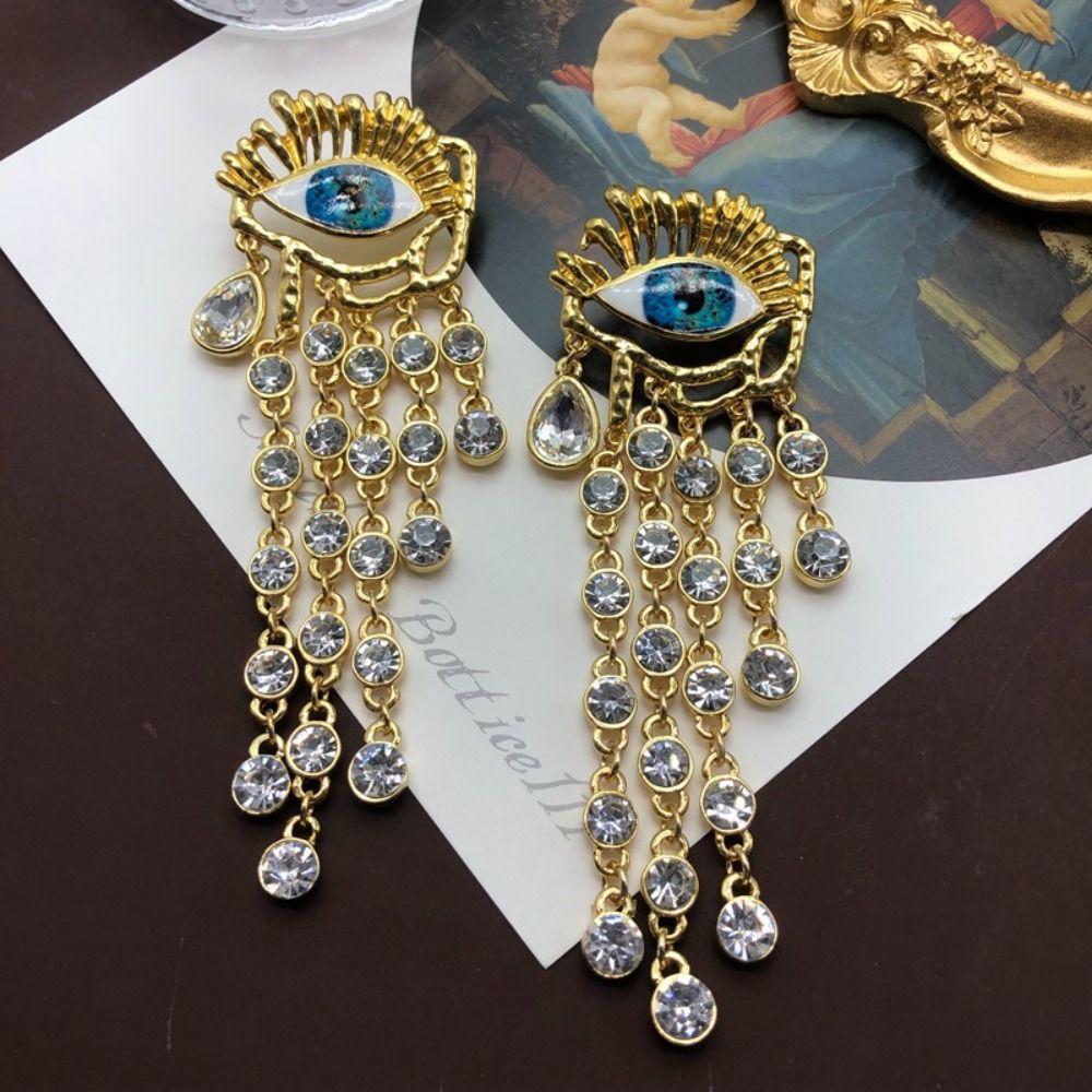 Satın alın Gold Long Tassel Dangle Earrings Crystal Blue Devil's Eye ...