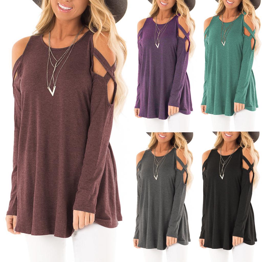 Buy Women Casual Long Sleeve Strapless O-Neck Loose Solid T-Shirt Top ...