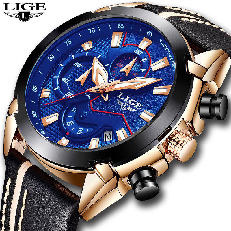 LIGE Sport Chronograph Men Watch Relogio Masculino Leather Quartz Watch ...