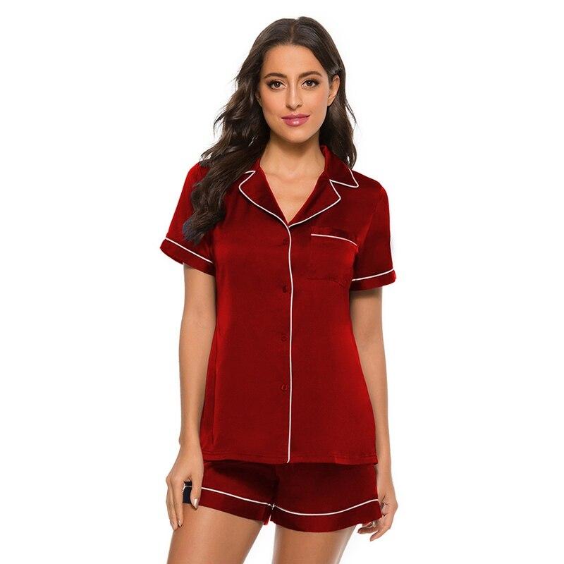 Cheap Summer Imitation Silk Lapel V Neck Short Sleeved Tops Shorts
