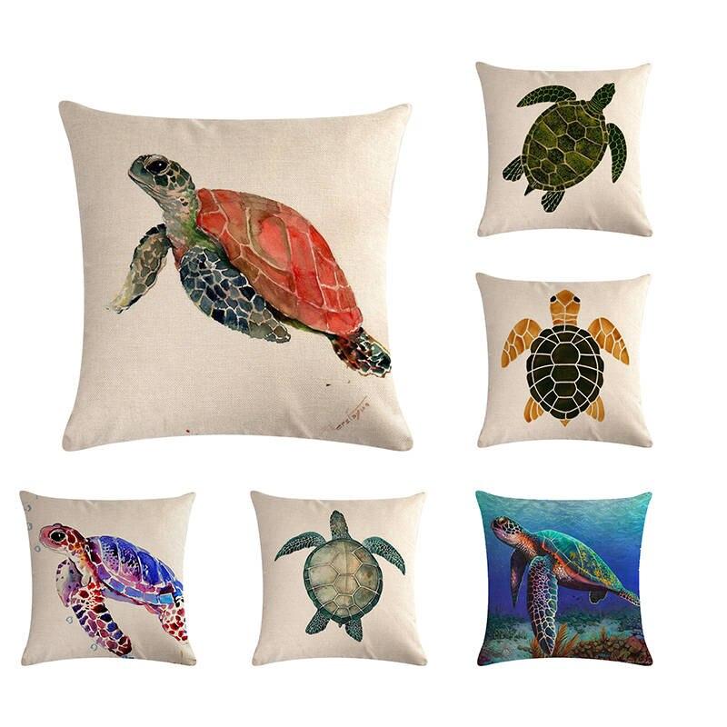 Turtles Cotton Linen Cushion Cover Fun of Ocean Animal Decorative ...