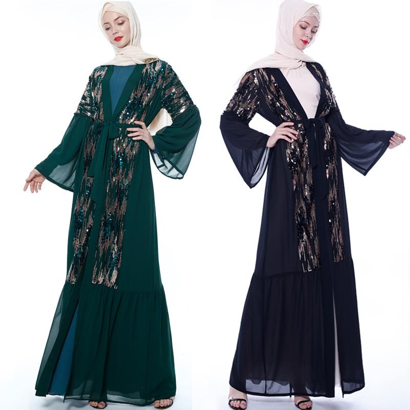 Buy Sequin Panel Cardigan Muslim Women's Long Sleeve Dress with Open Abaya Caftan at affordable ...