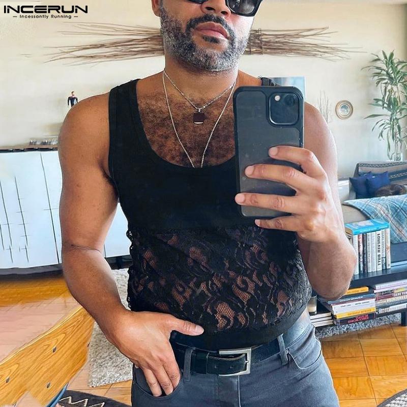 Buy INCERUN S-5XL Summer Fashion Mens Black Patchwork Lace Tank Tops ...