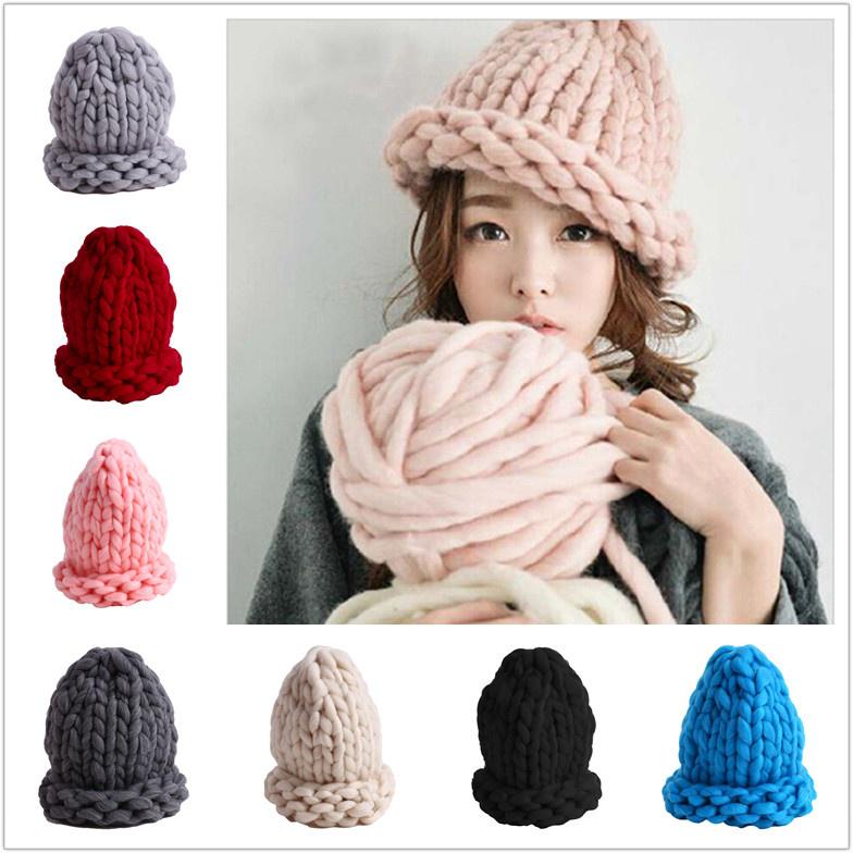 Buy Women Winter Handmade Knitted Coarse Lines Cable Knit Cap Candy ...