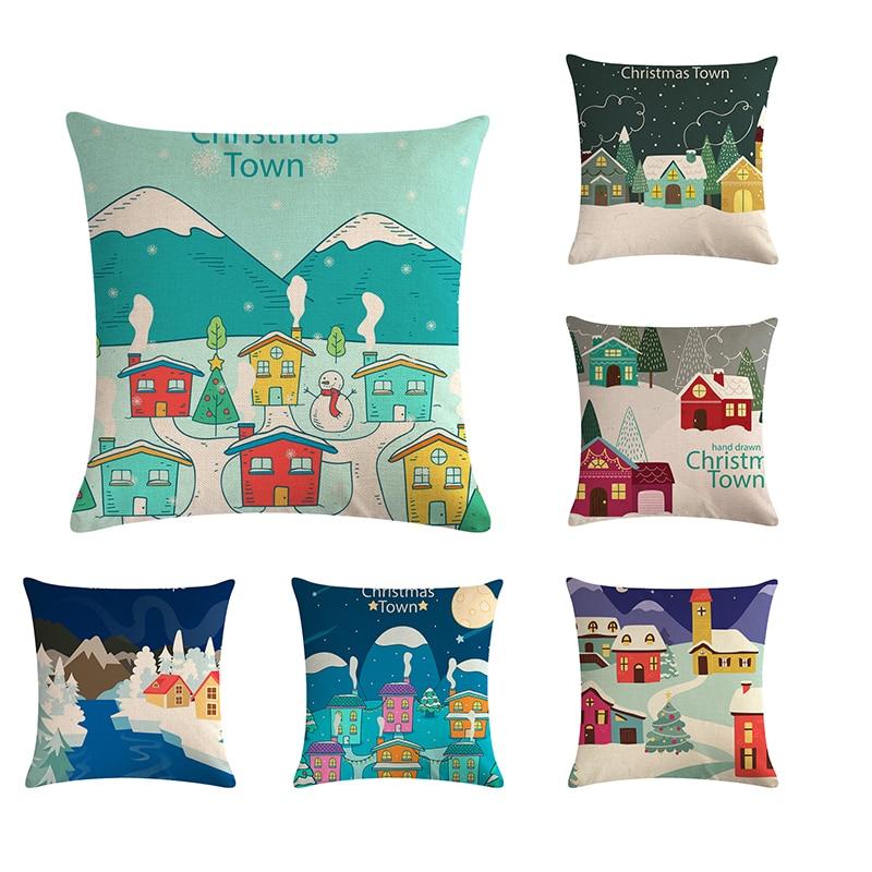 Hand Drawn Christmas Town Pillow Cover Beautiful Snow House Home Decor ...