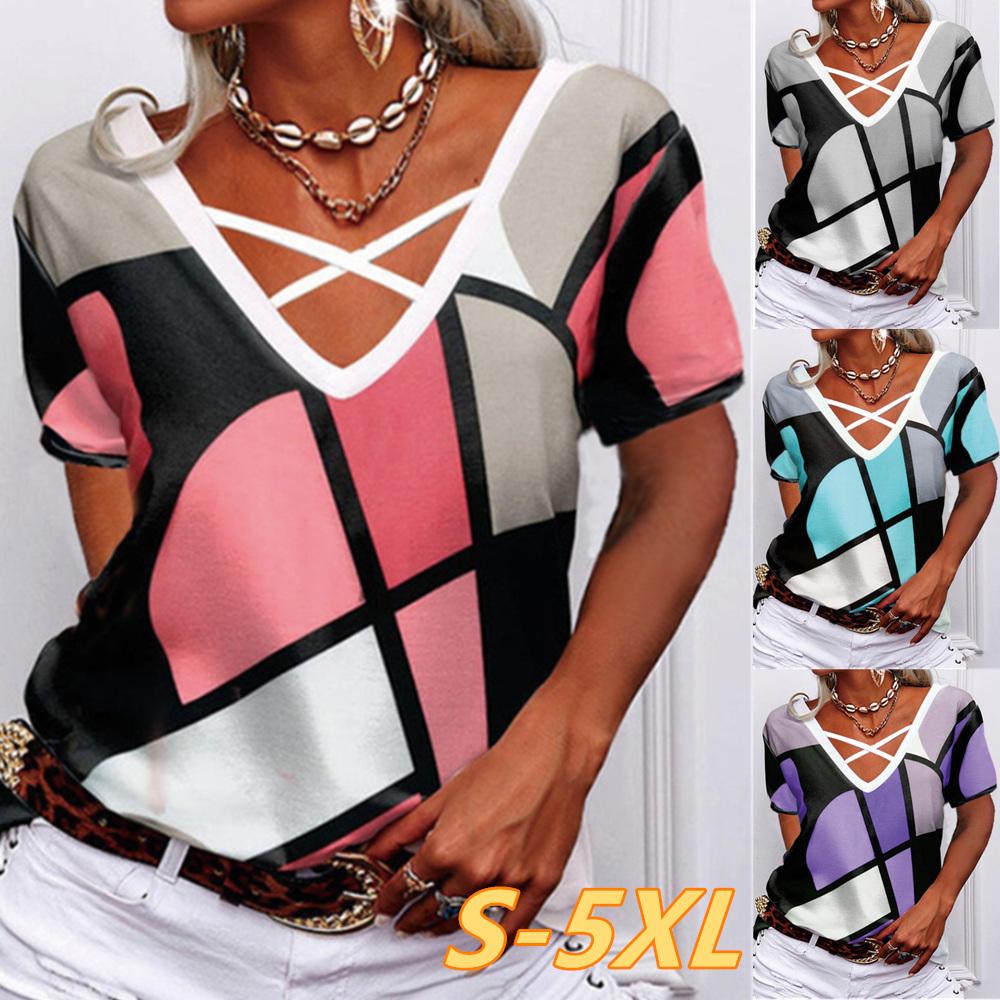 Buy Summer Casual Simple Plaid Print Comfortable Loose V-Neck Women's ...