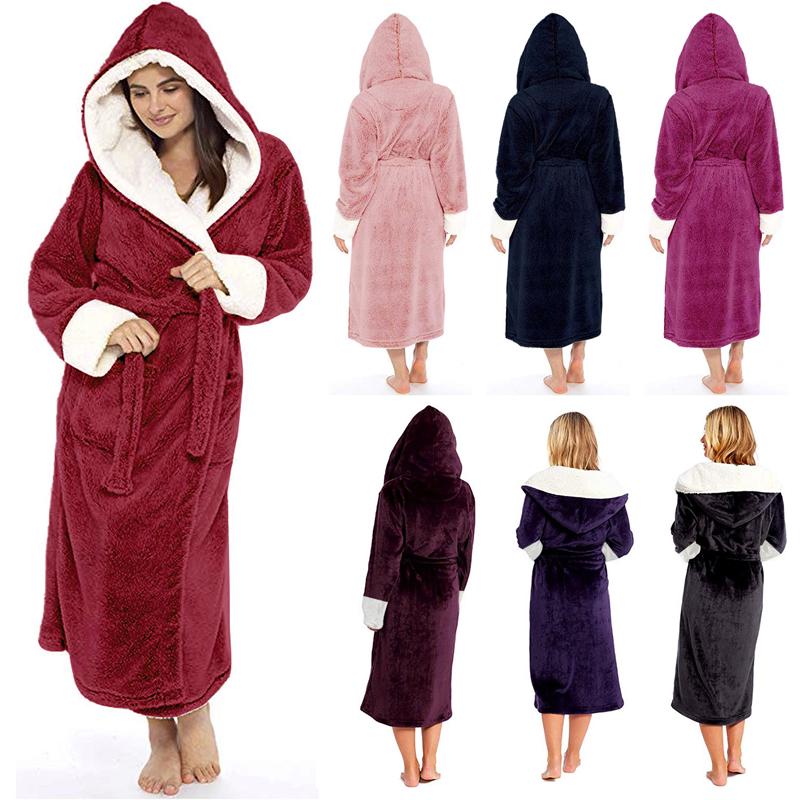 Buy Fall Winter Women's Flannel Lengthened Bathrobe Solid Warm Hooded ...