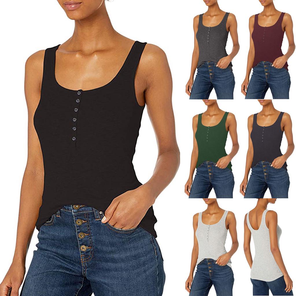 Fashion Women's Casual Solid Color Button Sleeveless Camisole Blouse ...