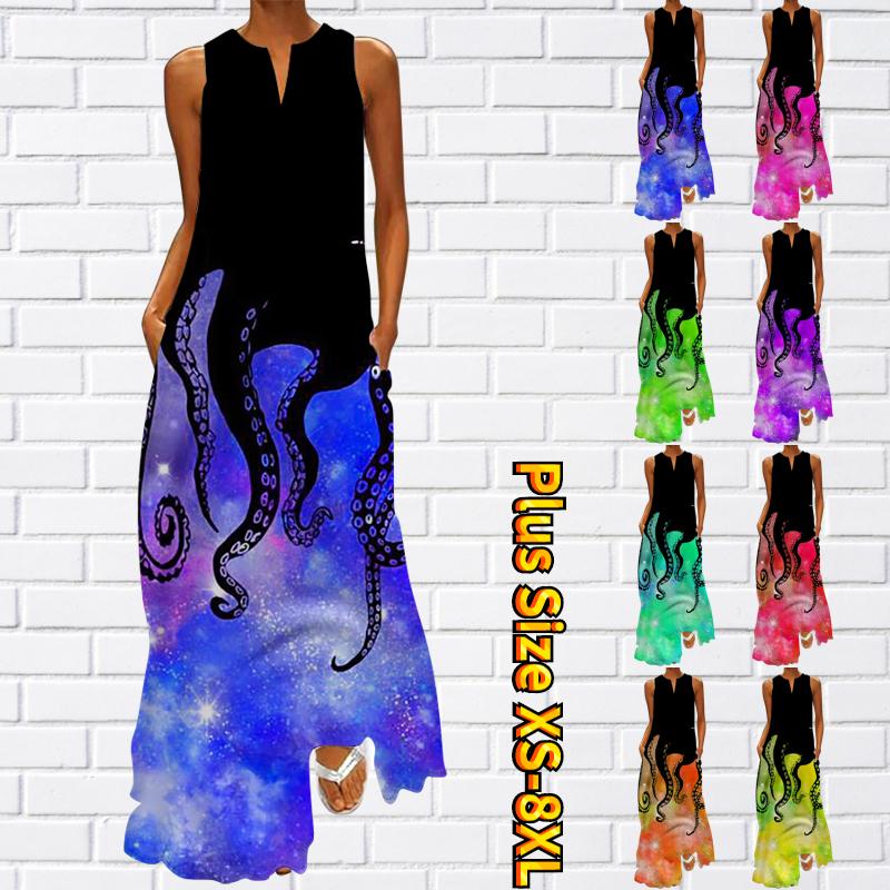 Buy Maxi Long Dress Sleeveless Flower Colorful Sea Water and Black ...