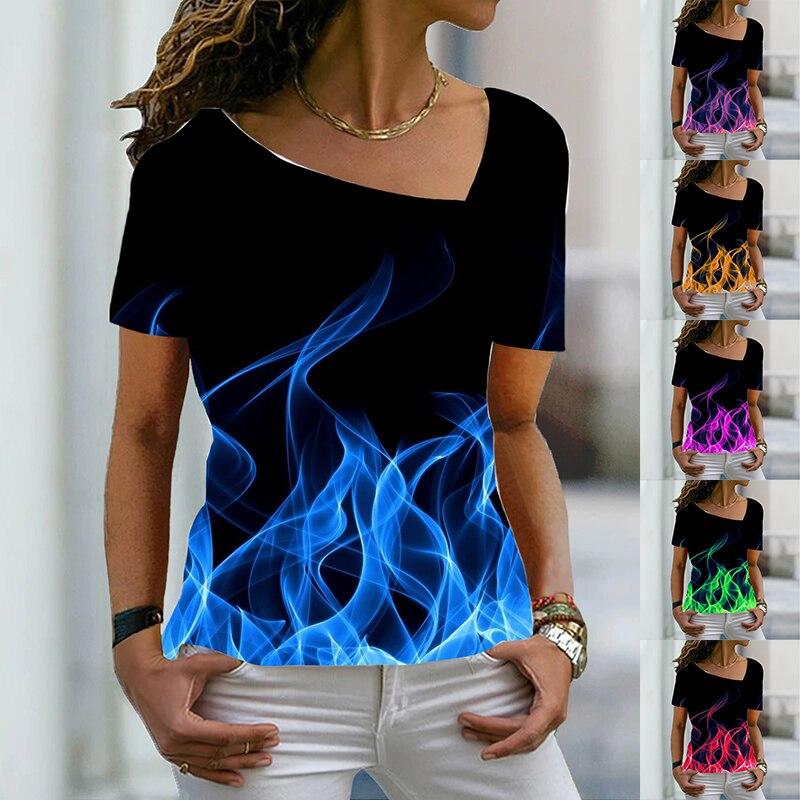 Goedkope 2022 Summer Woman Fire Print Shirt V Neck Casual Tops Plus ...