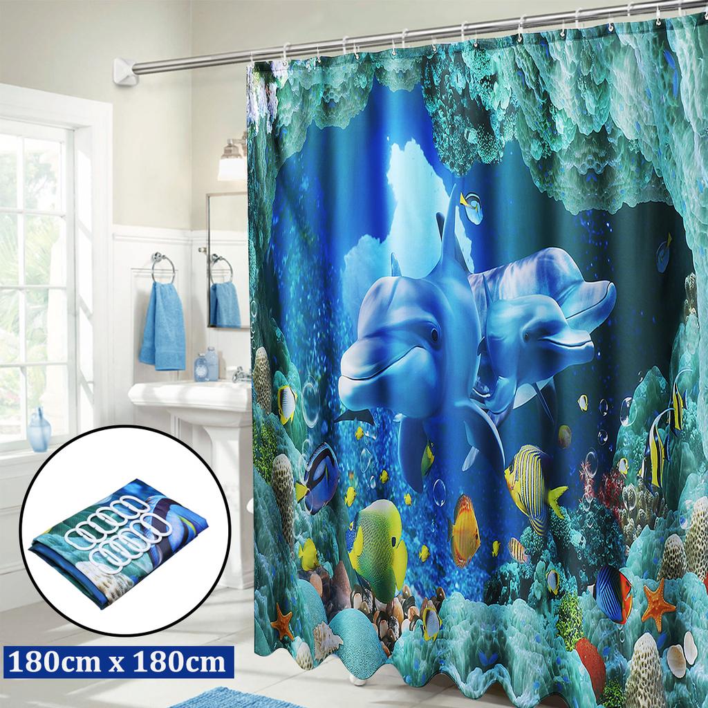 Cute Dolphin Blue Bathroom Shower Curtain Waterproof 6x6ft Bath ...