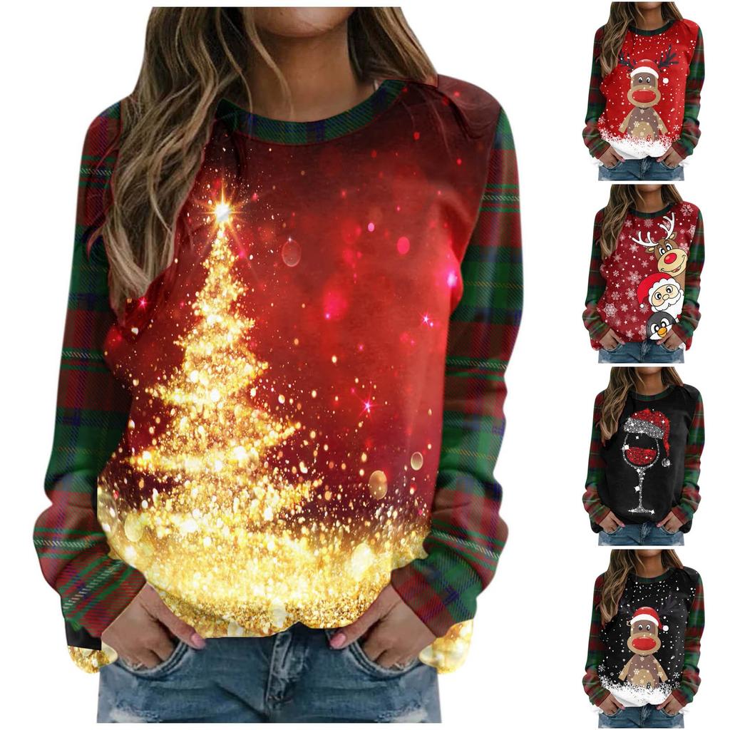 Women's Fashion Round Neck Christmas Print Long Sleeve T-Shirt Top ...
