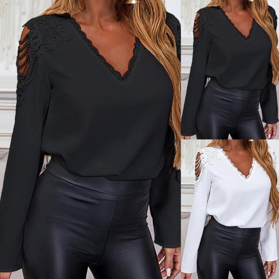 Buy Spring New Women Sexy Fashion Top Solid Color Lace Streetwear V ...