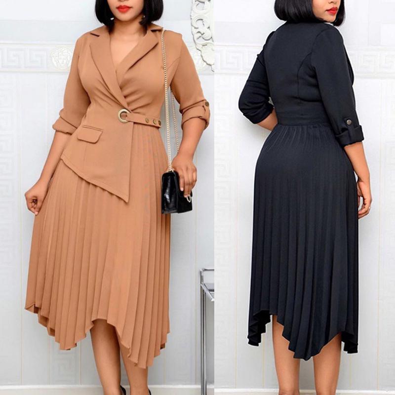 Buy Women Elegant Dresses Blazer Pleated Irregular Length with Button ...