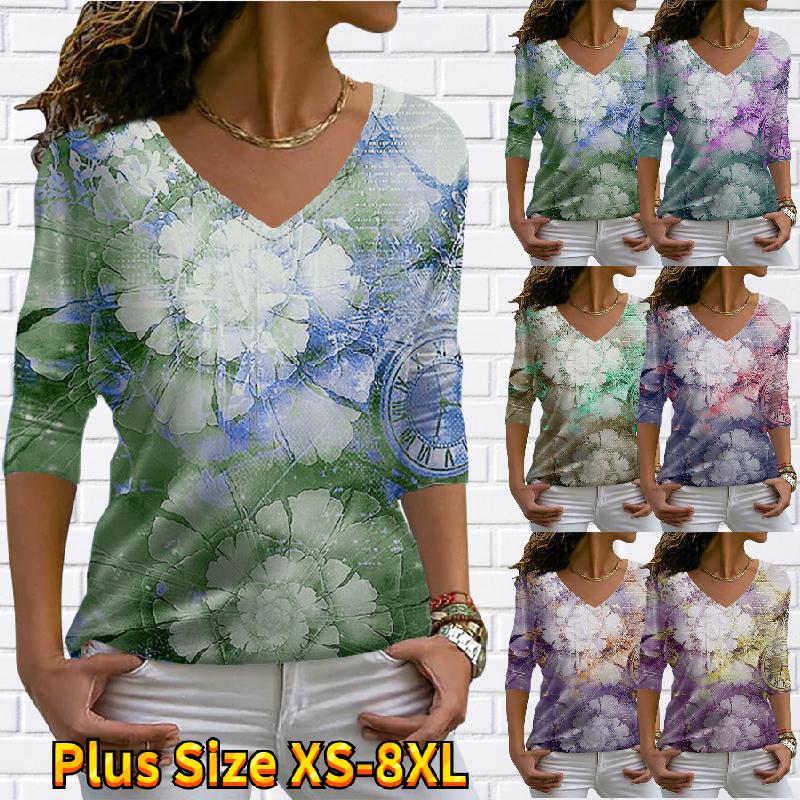 Buy Women Autumn Yellow Flower Clock Printed Long Sleeve T-Shirts Loose ...
