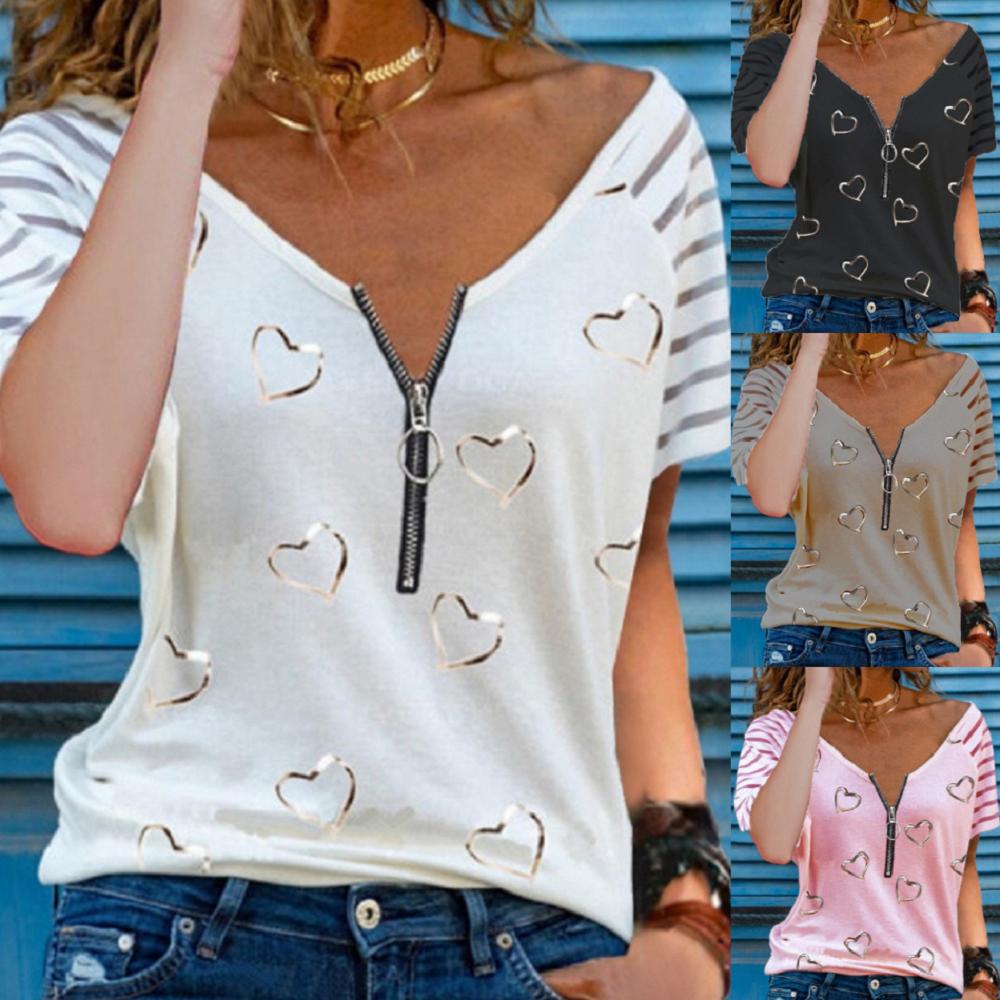 Women's Striped Printed Short Sleeve Zipper V-Neck Casual Top Loose T ...