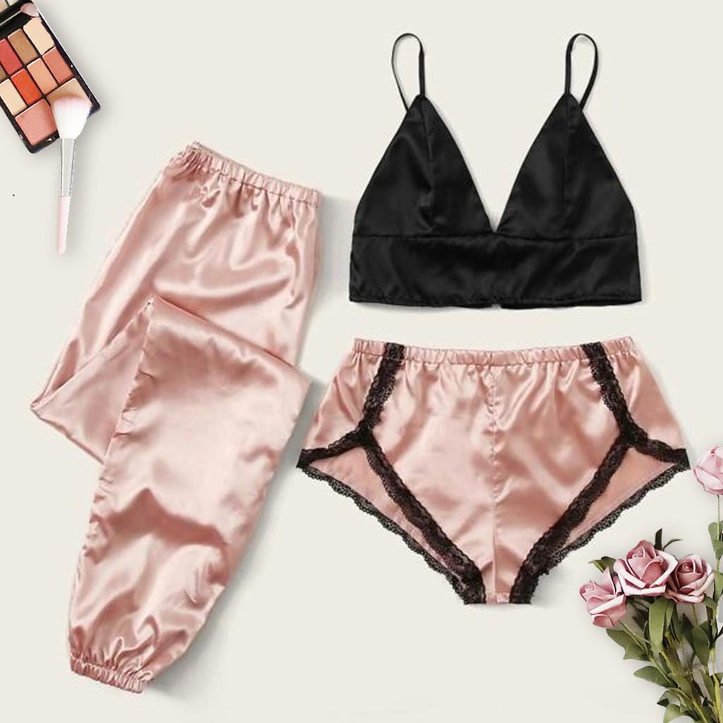 3PC Women Satin Silk Wireless Bra Shorts Trousers Set Sleepwear Pajamas ...