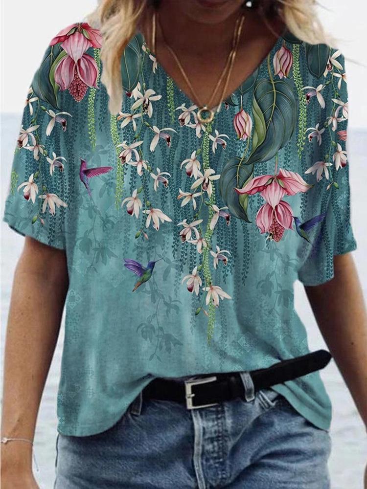 Buy Women Loose Flower Plant Scenery Printed T-shirt Short Sleeve Tops ...