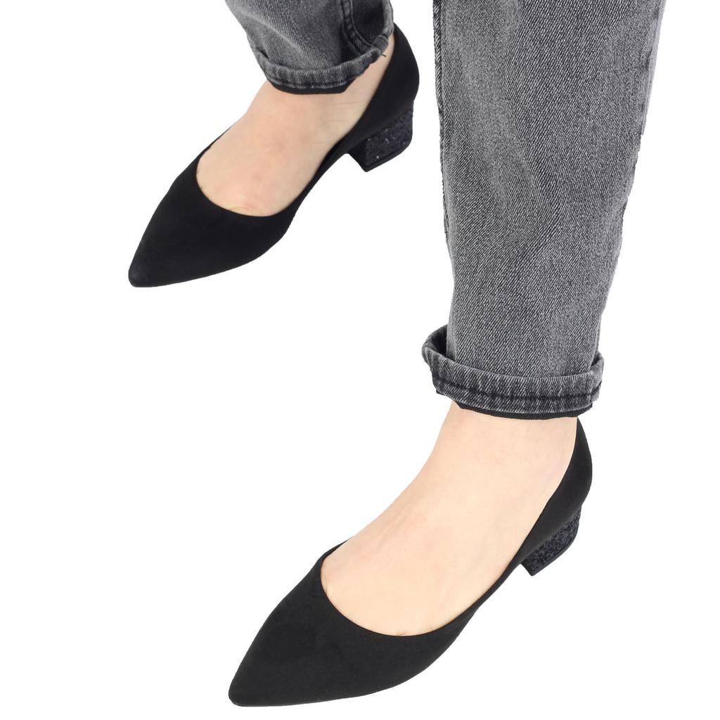 Buy Thick Short Heeled Black Suede Stiletto Women's Shoes - Beew at ...
