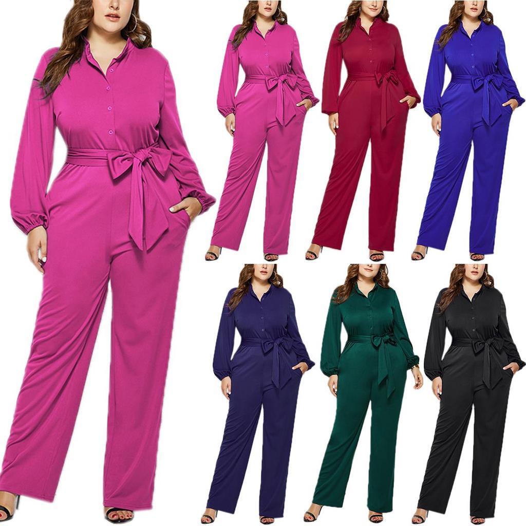 Buy Women 5XL Plus Size Stand Collar Jumpsuit Waistband Sigle Breasted ...