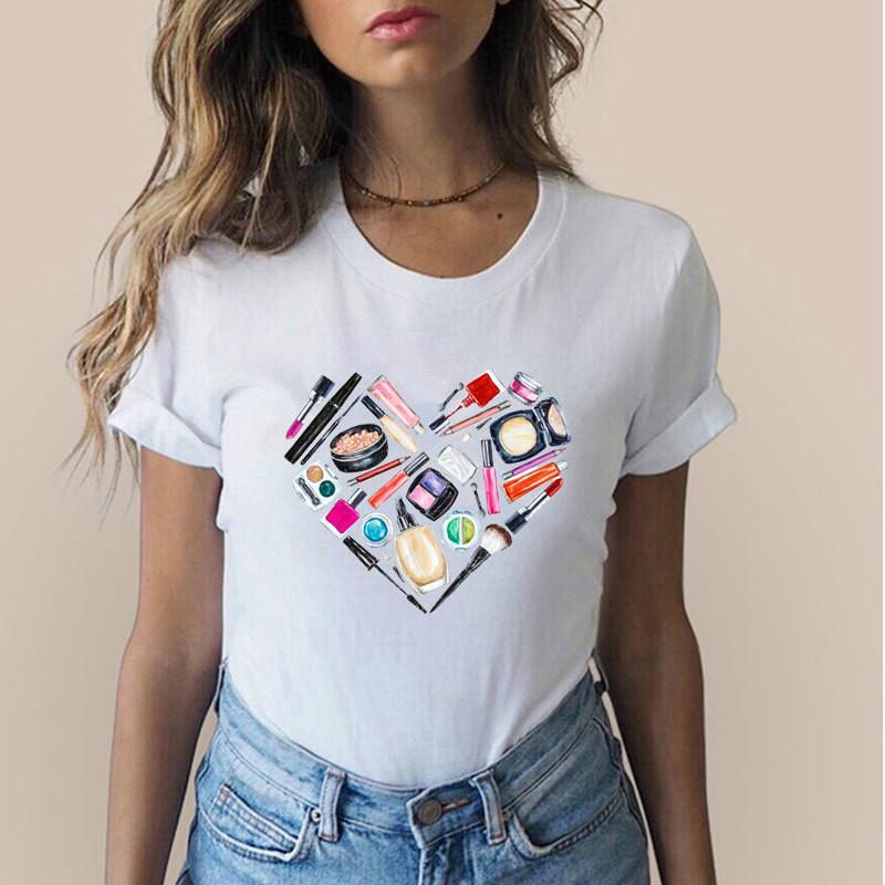 Buy Make Up Print Summer Woman T Shirt White Cotton Vogue Fashion ...