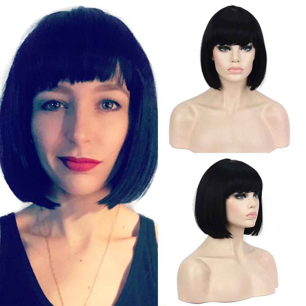 Buy Black BoBo Wig Short Straight Synthetic Hair Wigs Oblique Fringes ...