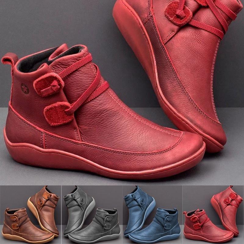 Women Casual Leather Slip on Soft Ankle Boots Winter Solid Color Round ...