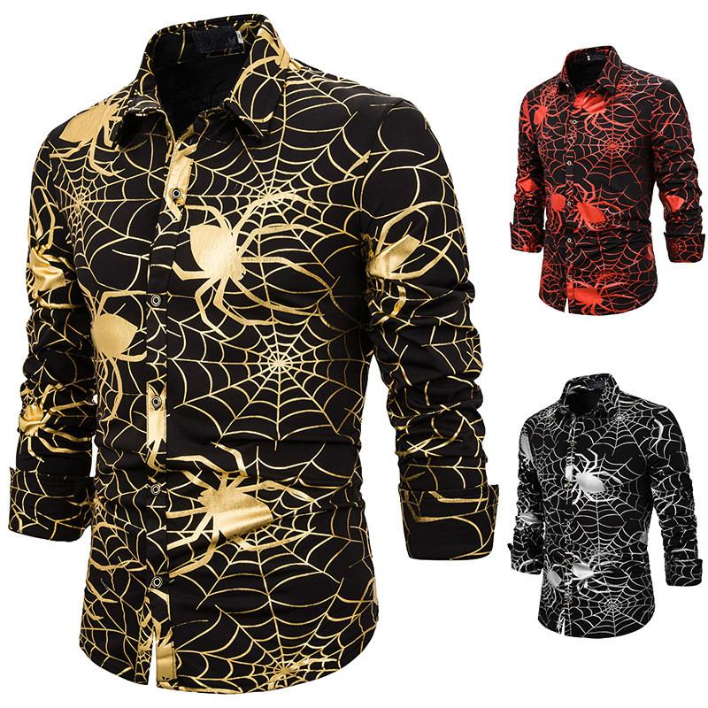 Buy Men's Fashion Trend Gilded Spider Pattern Casual Long Sleeve Shirt ...