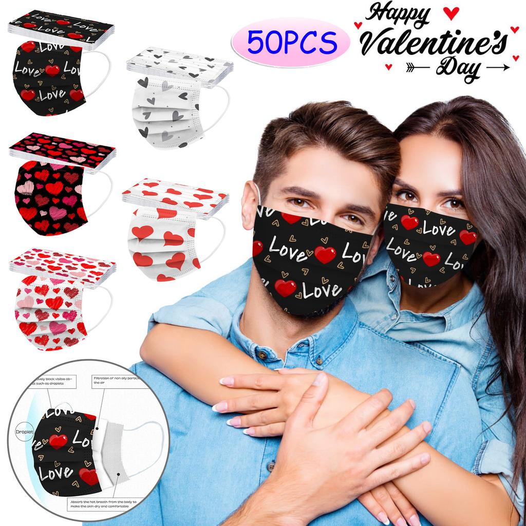 Buy 50PC Adult Valentine's Day Print Mask Disposable Face Mask 3Ply Ear ...