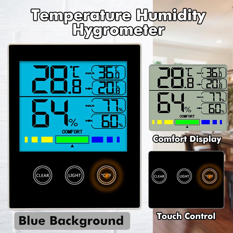 Digital Touch Screen LCD Temperature Humidity Meter Hygrometer Station ...