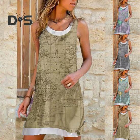 Buy Women Dress Map Print Fake Two Piece Summer Round Neck Sleeveless ...