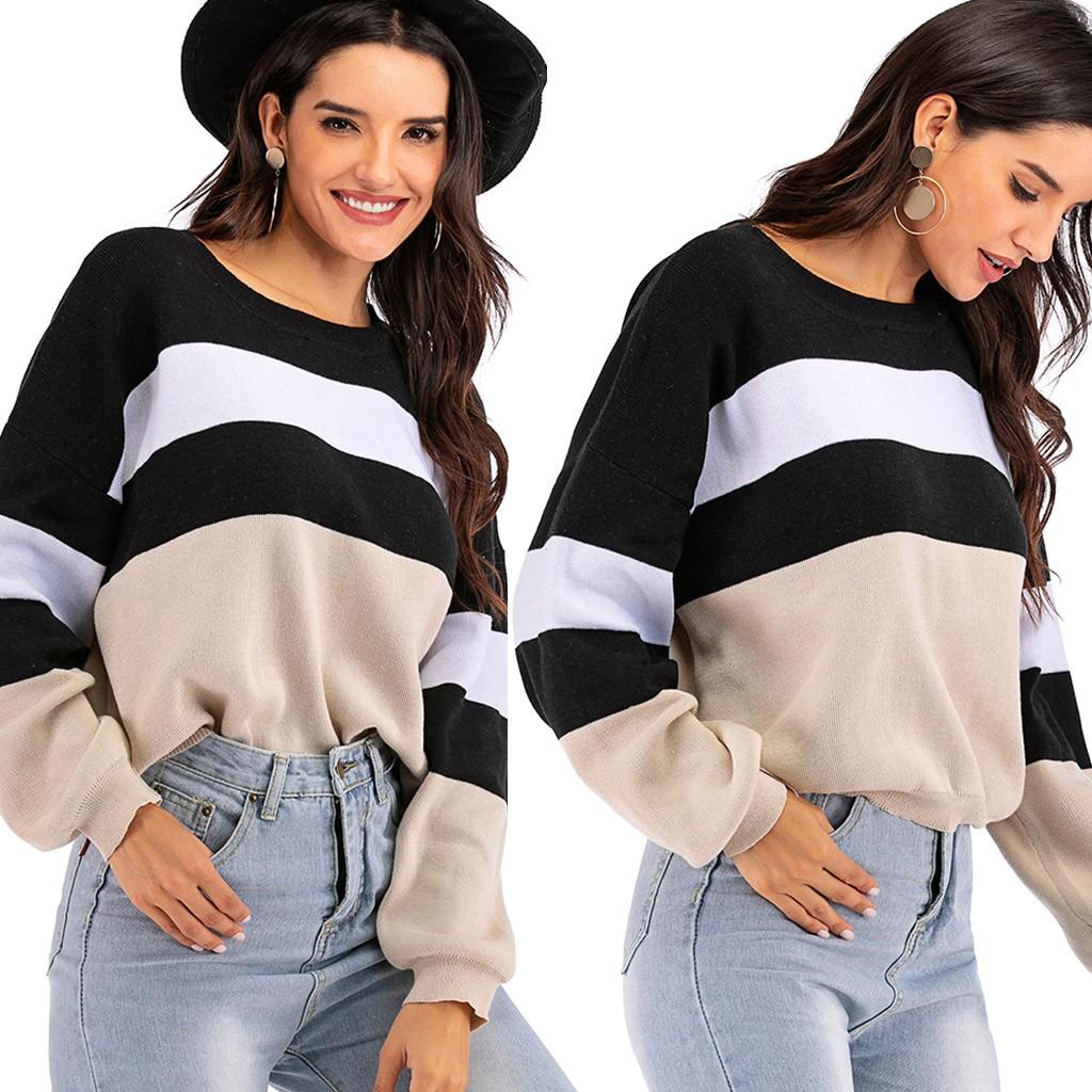 Buy Women Autumn Winter O-Neck Color Matching Sweater Casual Sweater ...