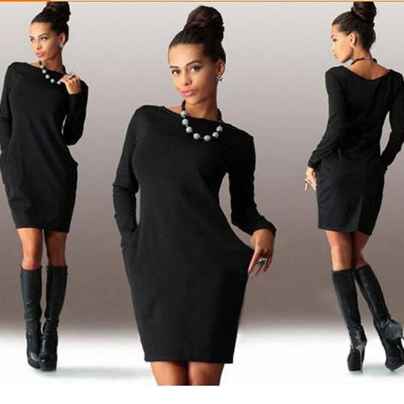 Summer Women Solid Casual O Neck Long Sleeve Dress Loose Bodycon Dress ...
