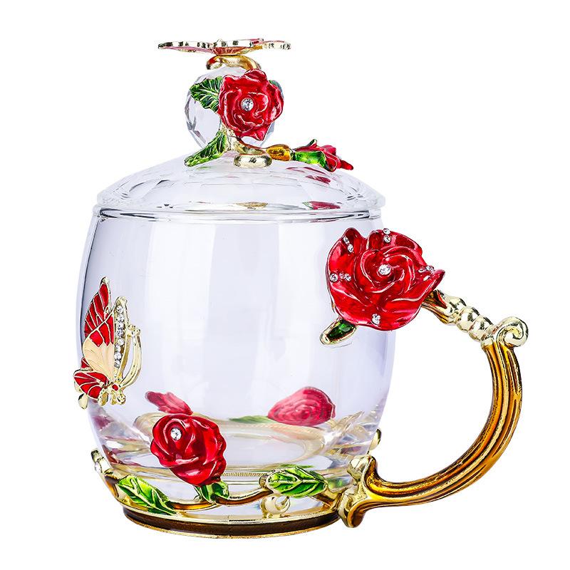 Cheap Alloy Handgrip CupHeat Resistant Glass Cup Red Rose Enamel Coffee ...