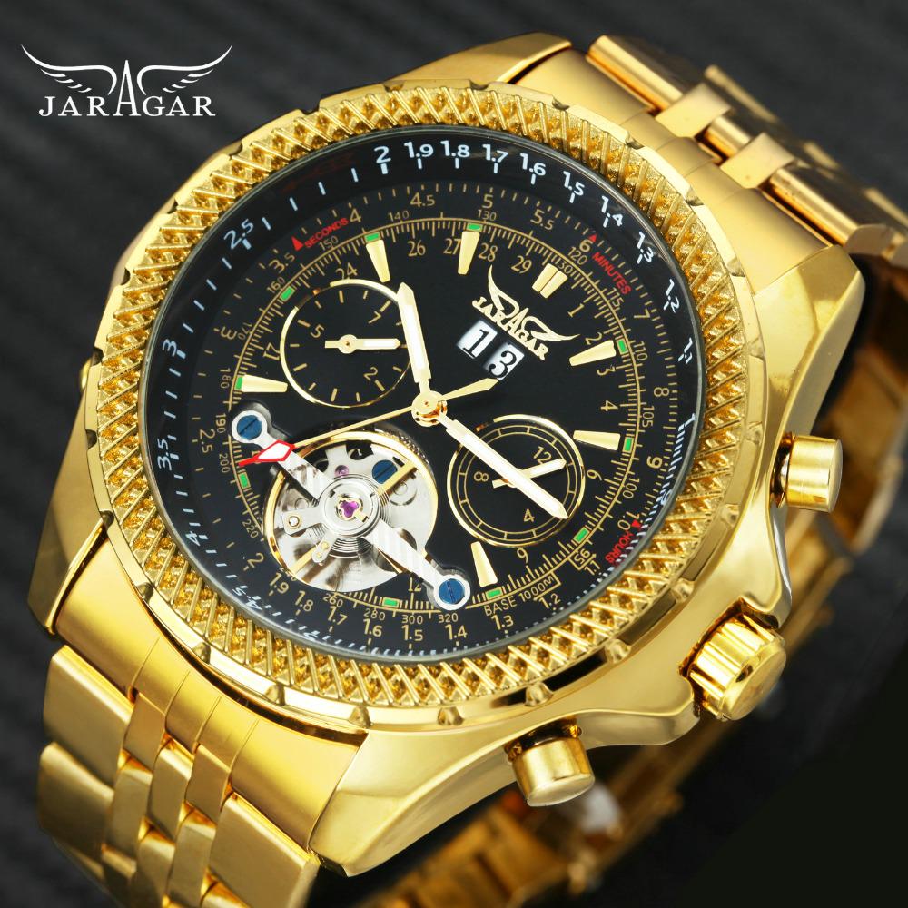 JARAGAR Golden Men Watches Tourbillon 4 Dials Aviator Mechanical ...