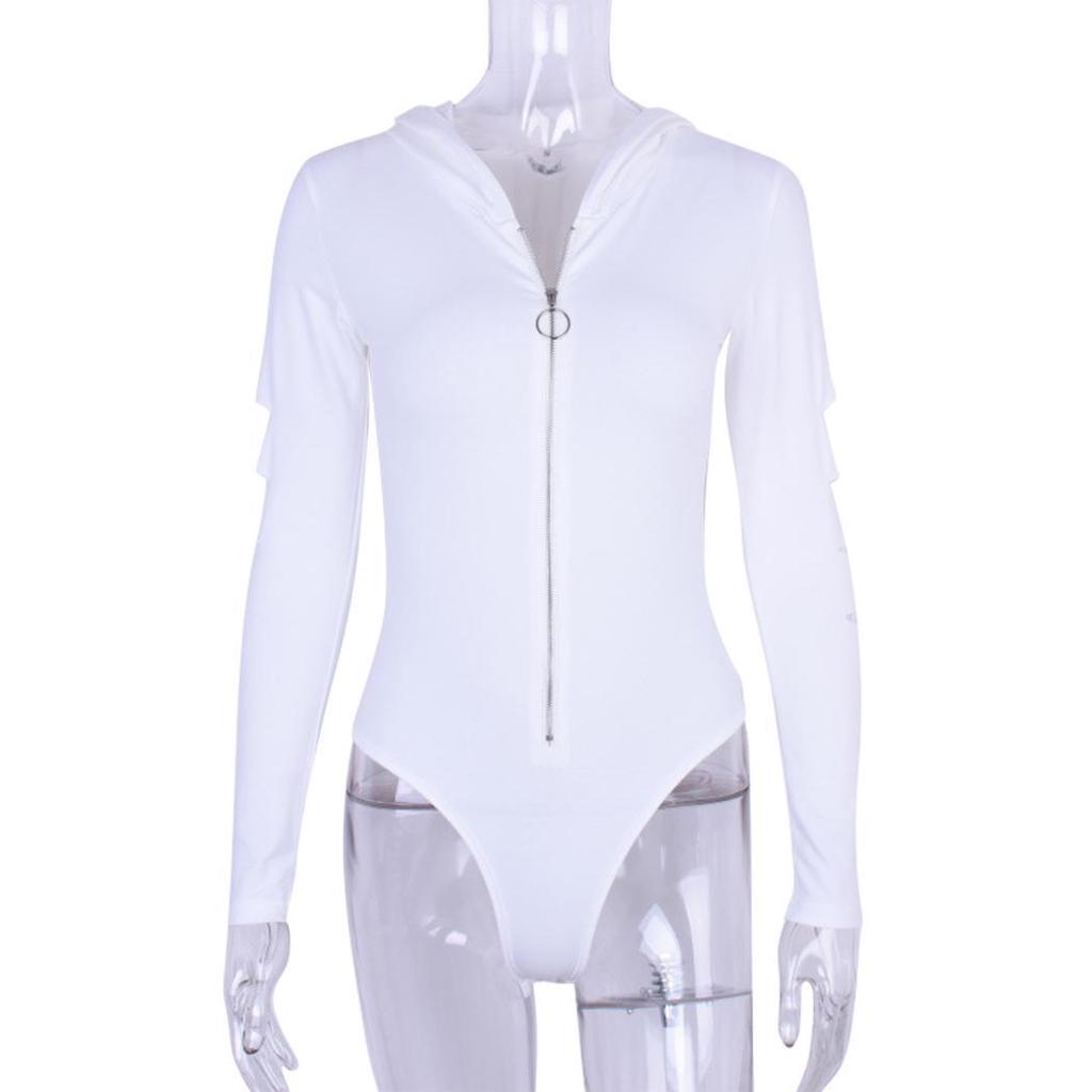 Buy Women Casual Solid Hooded Long Sleeve Zipper Bodysuit at affordable ...