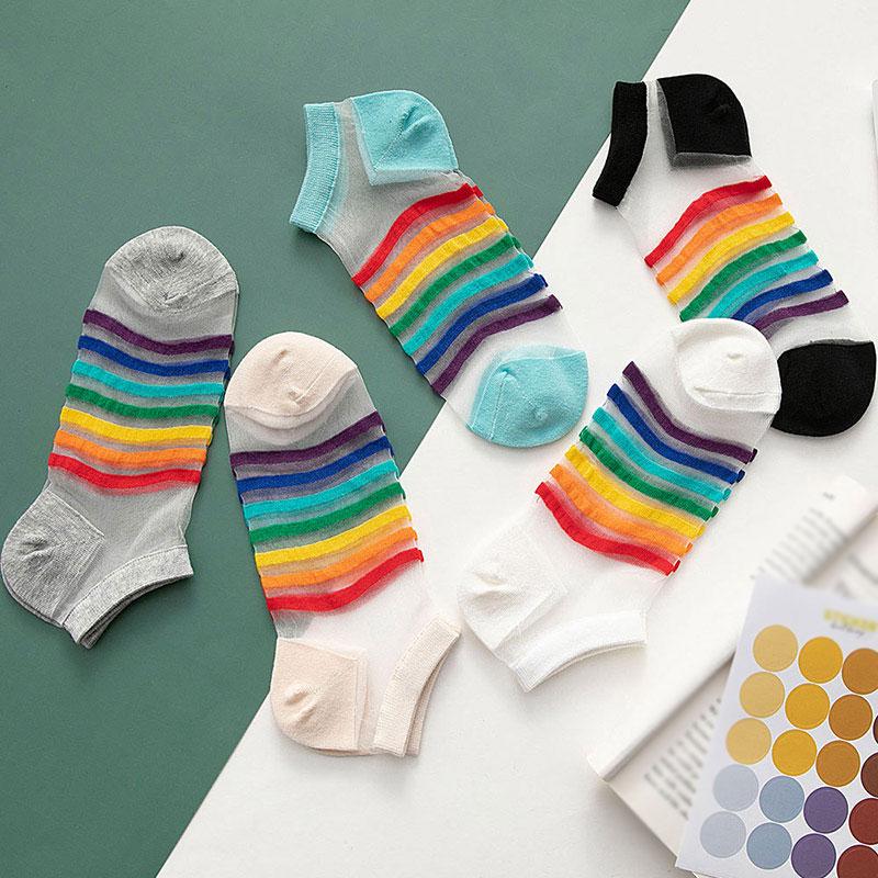 Buy Transparent Glass Stockings Rainbow Breathable Socks Women Striped ...