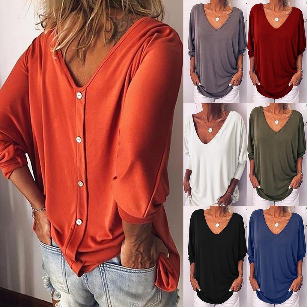Buy Women Summer Casual Sexy V-neck Solid Color 3/4 Sleeve Back Button ...