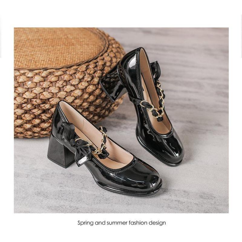 Acquista Scarpe Mary Jane con tacco spesso Scarpe singole da donna French Bow Fairy Skirt High ...