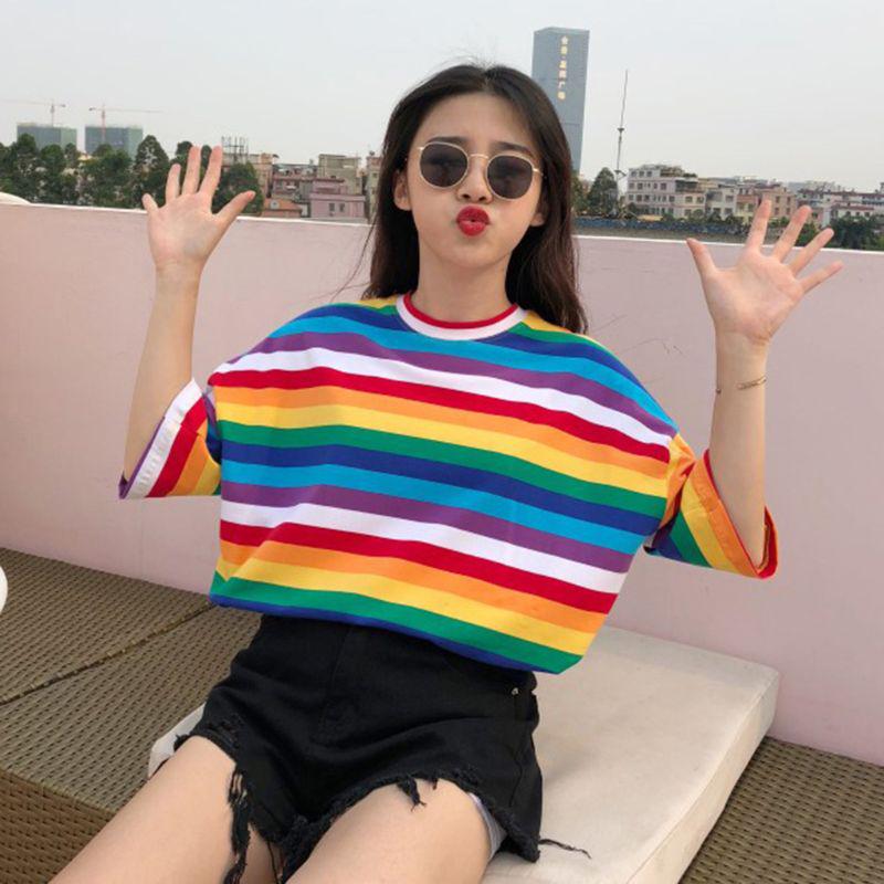 Buy Women Girls Rainbow Striped Half Sleeve T-Shirt Summer Contrast ...