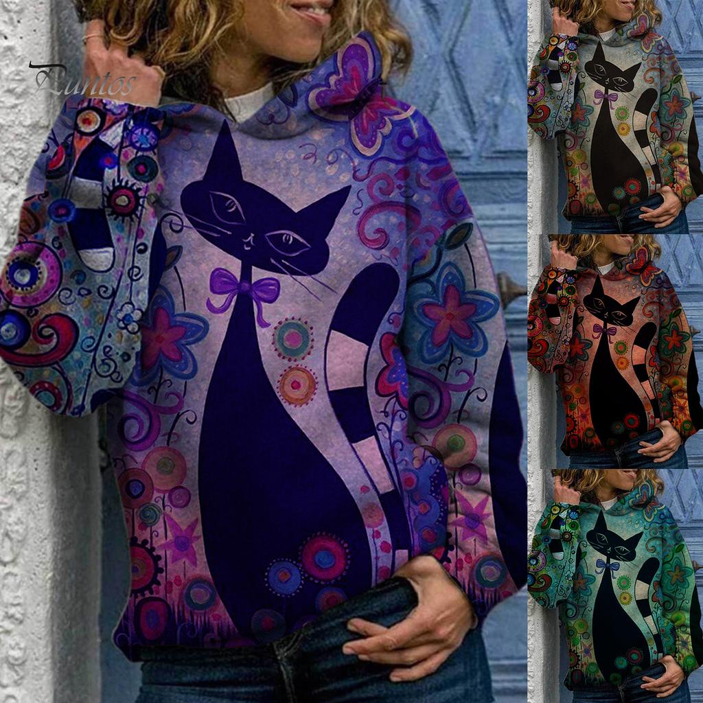 Buy Autumn Winter Long Sleeve Women Digital Cats Print Hoodie ...