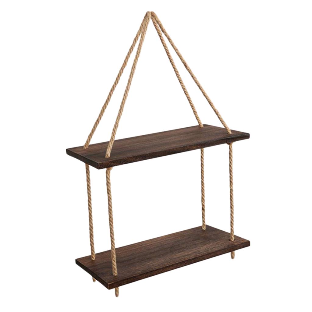 Buy 2 Tier Wood Hanging Swing Rope Floating Shelf Rack Rustic Wall ...
