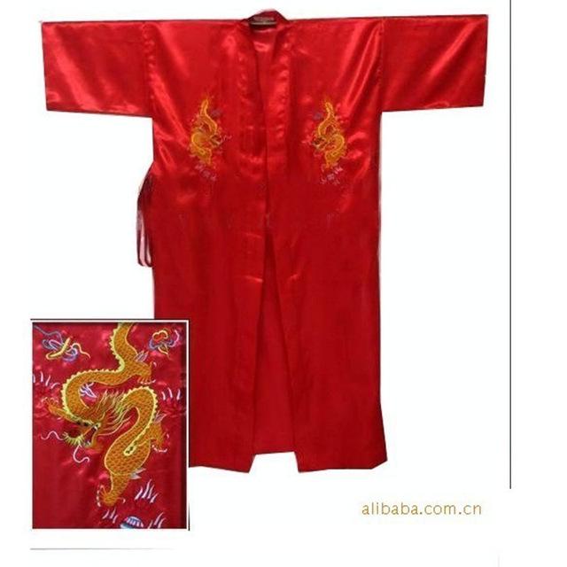 Navy Dragon Chinese Men's Satin Silk Robe Embroidery Kimono Bath Gown ...