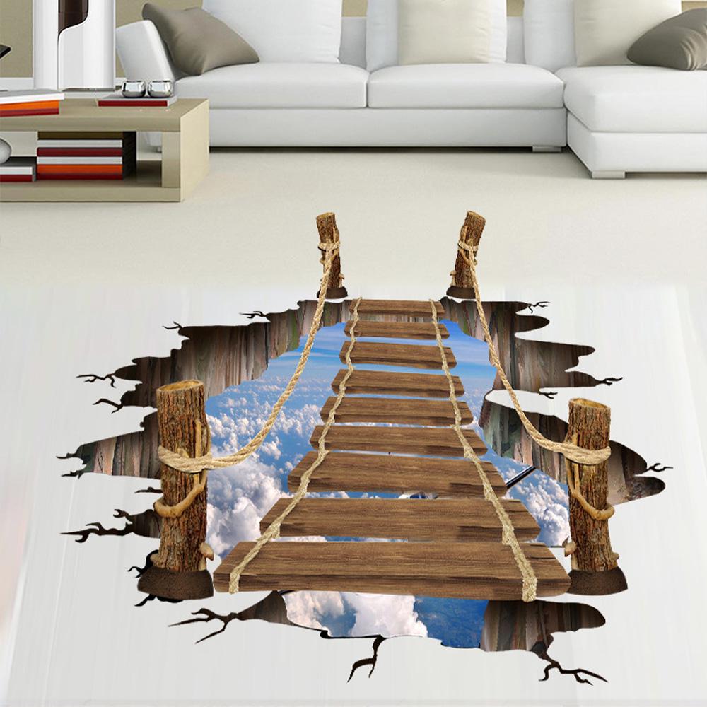 Buy 80*100cm 3D Sky&White Cloud Wood Bridge Floor Sticker Wall Decals ...