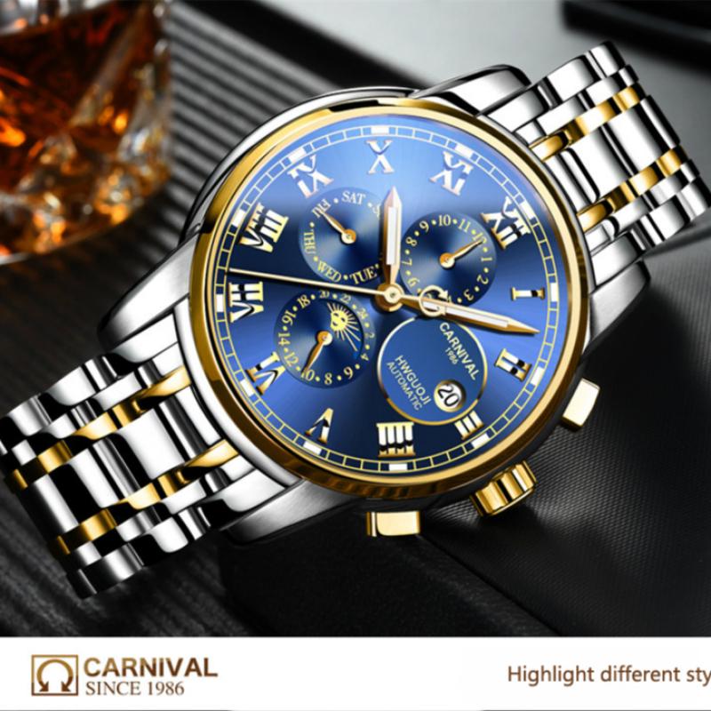 Men Blue Silver Watches Men Sports Automatic Mechanical Multi-function ...